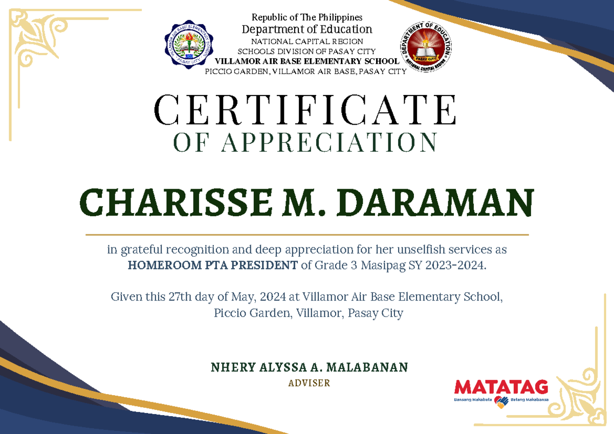 Copy of Grade 3 Certificate of Appreciation - Department of Education ...