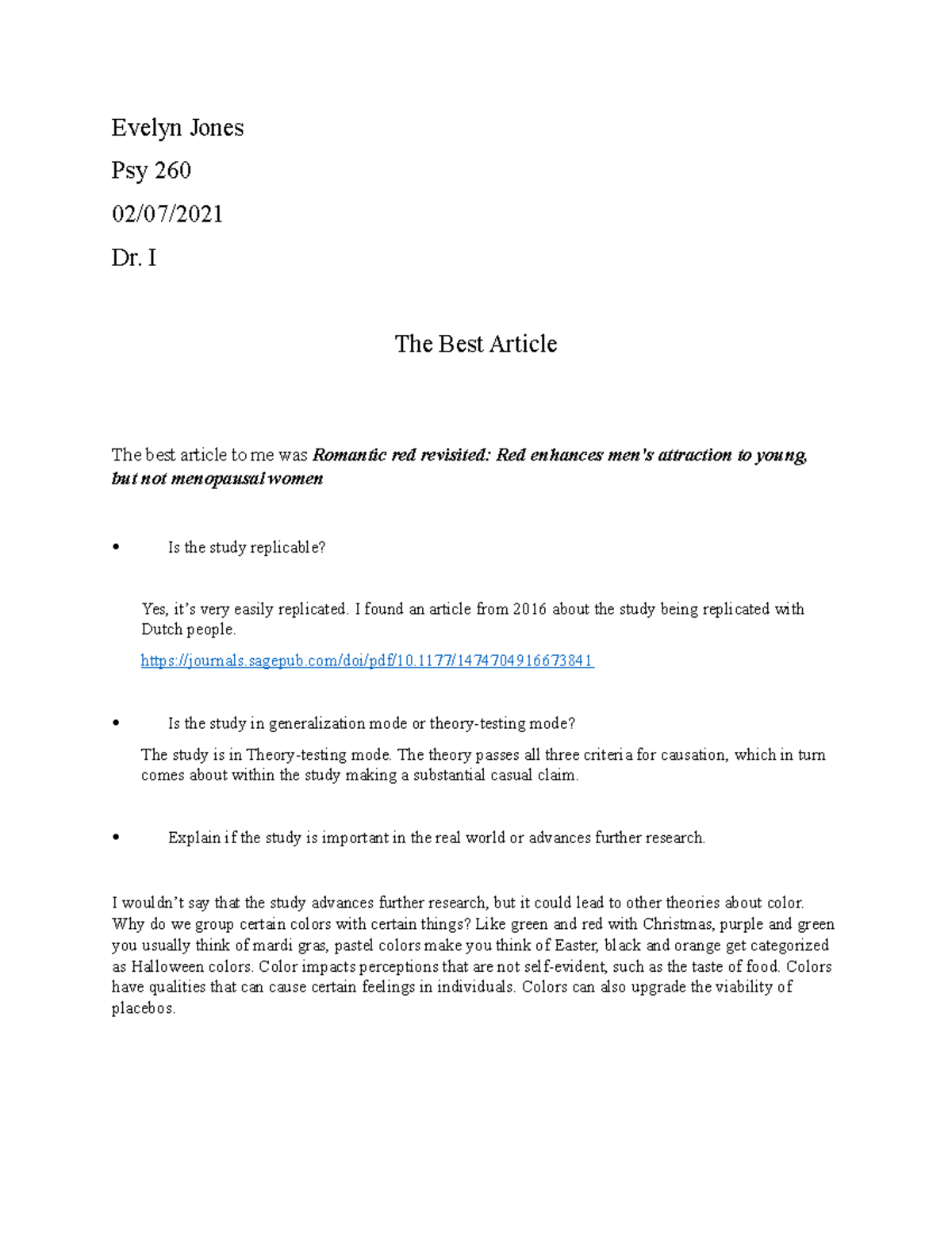 Best Article - assignment - Evelyn Jones Psy 260 02/07/ Dr. I The Best ...