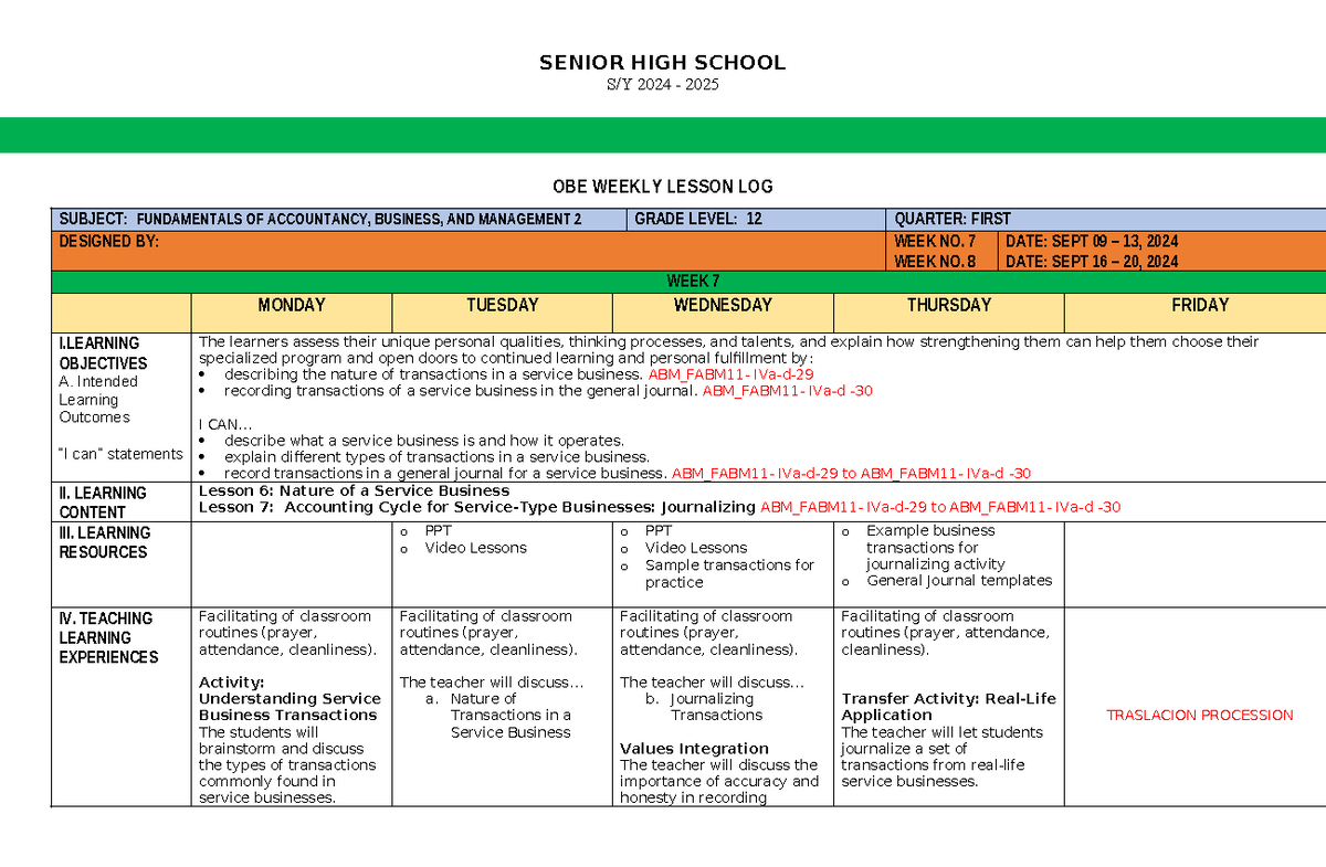 Lesson PLAN IN FABM - TOPIC: Nature of a Service Business - SENIOR HIGH ...