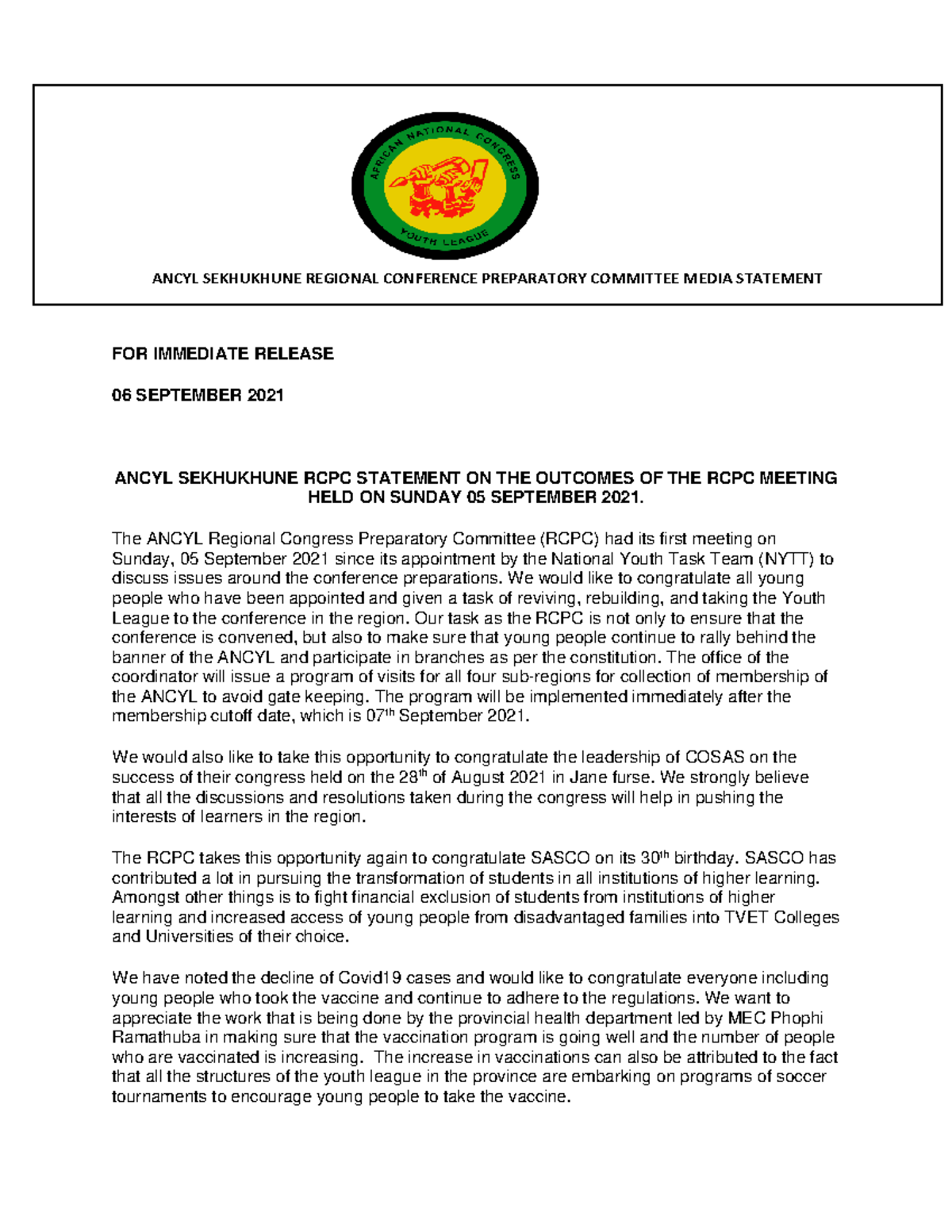 Ancyl Sekhukhune RCPC Statement ON THE Outcomes OF THE RCPC Meeting ...