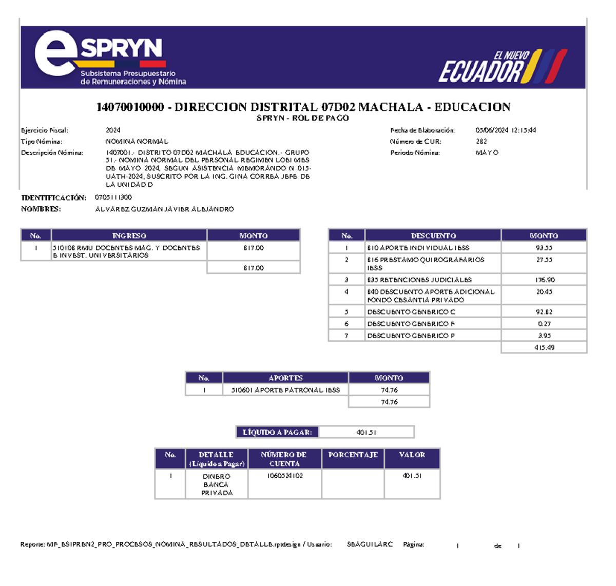Rol pago 2024 MAYO - Rol de pago - 14070010000 - DIRECCION DISTRITAL ...