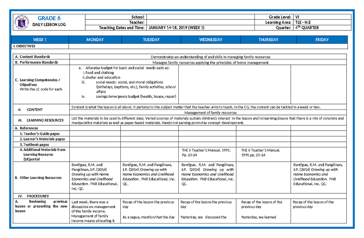 DLL G6 Q4 WEEK 1 ALL Subjects (Mam Inkay Peralta) - GRADE 6 DAILY ...