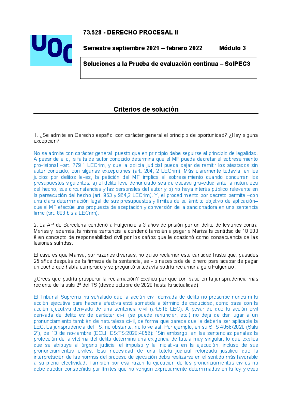 73528 Sol PEC 3 - 73 - DERECHO PROCESAL II Semestre septiembre 2021 – febrero 2022 Módulo 3 ...