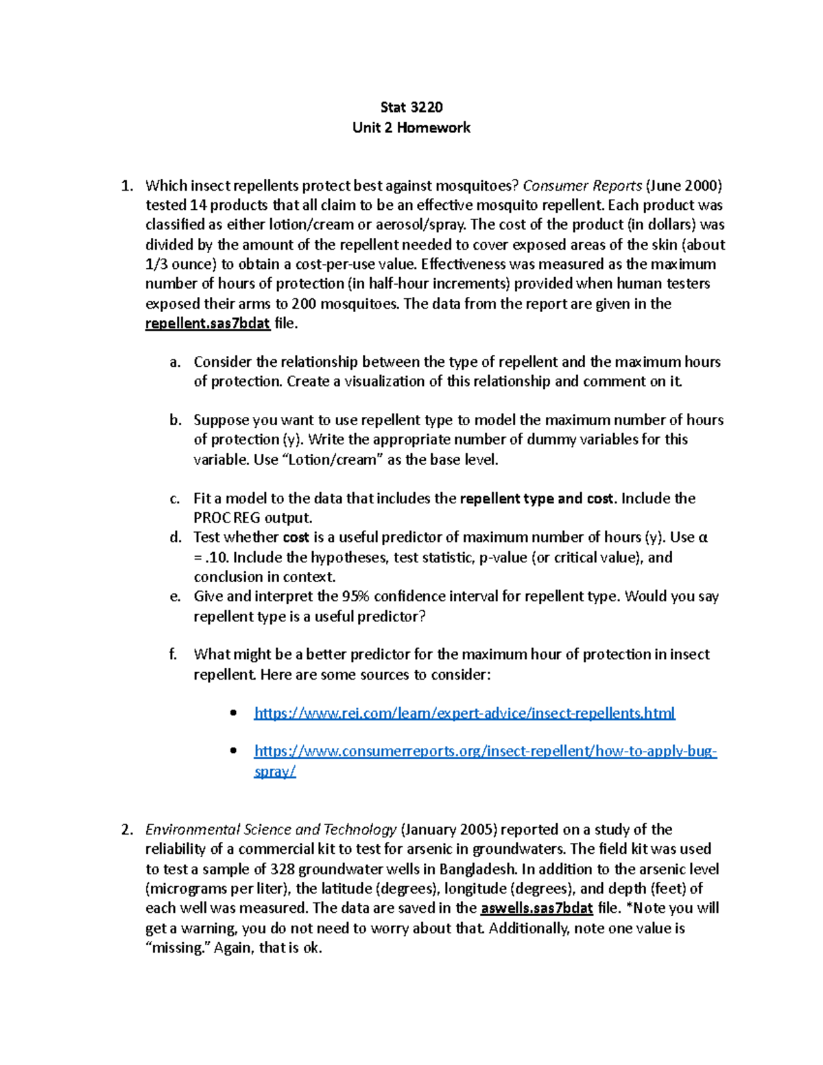 Unit 2 Homework - Stat 3220 Unit 2 Homework Which insect repellents ...