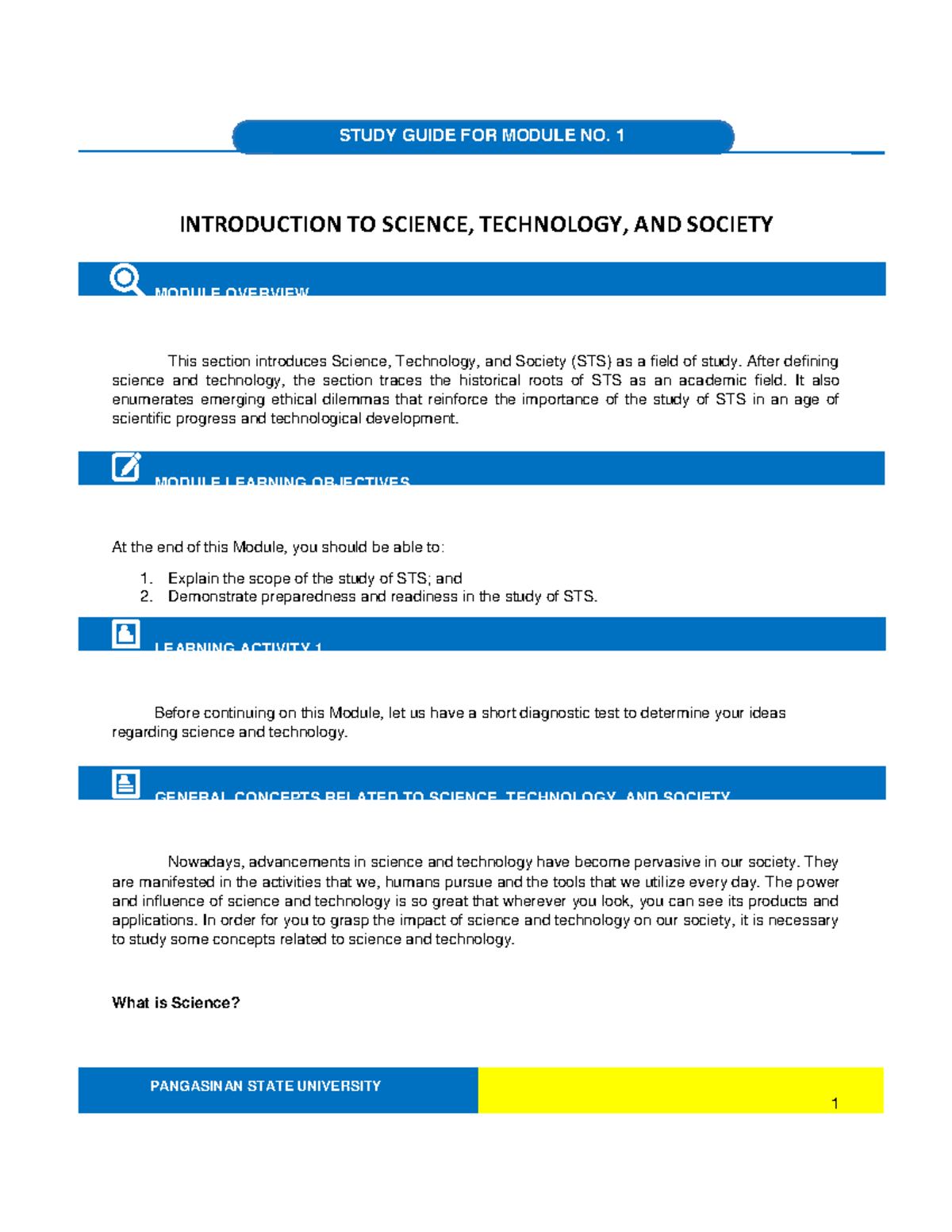 (STS) science technology and society - PANGASINAN STATE UNIVERSITY STUDY GUIDE FOR MODULE NO. 1 ...