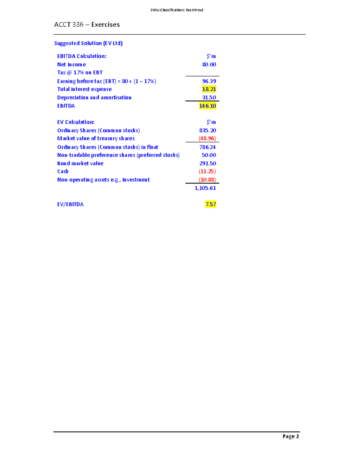 Exercise 1 Ev Solution 1 Acct 336 Exercises Page 2 Smu Classification Restricted 