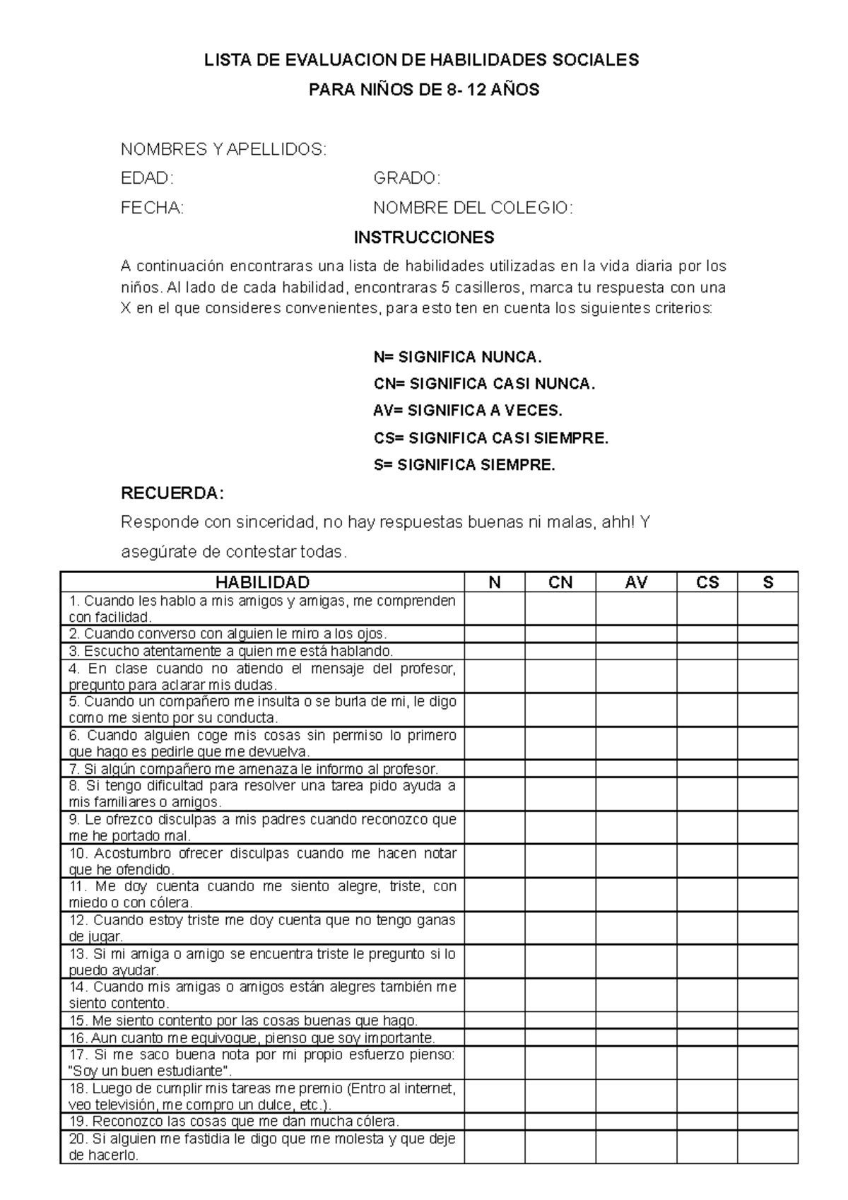 0. Habilidades Sociales - LISTA DE EVALUACION DE HABILIDADES SOCIALES ...