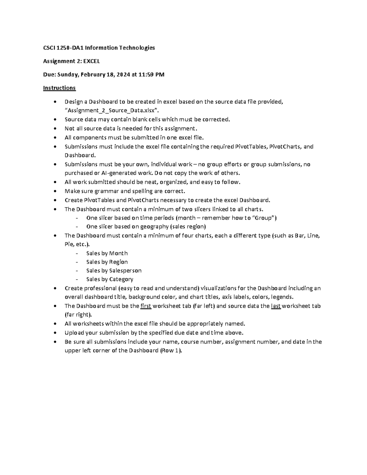 CSCI 1250 Assignment 2 Excel - CSCI 1250-DA1 Information Technologies Assignment 2 : EXCEL Due ...