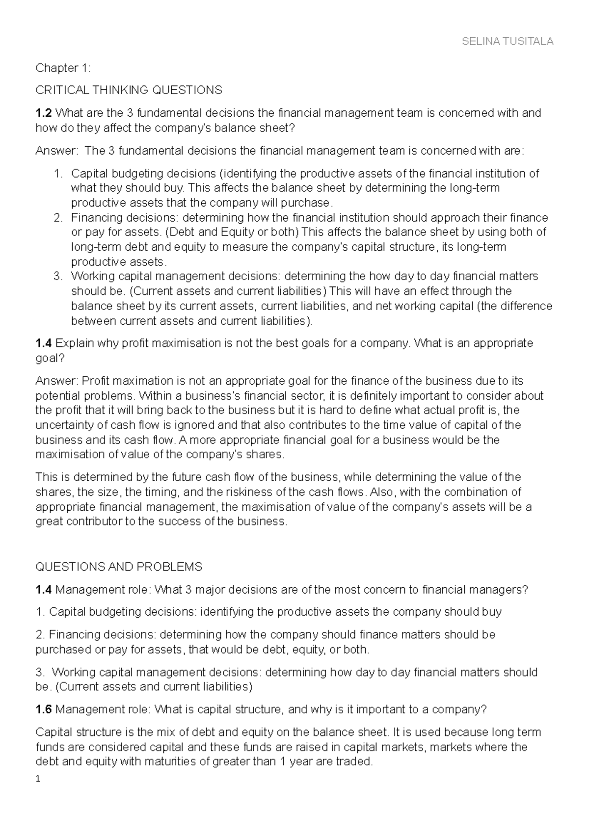FIN111 Tutorial Work - SELINA TUSITALA Chapter 1: CRITICAL THINKING ...