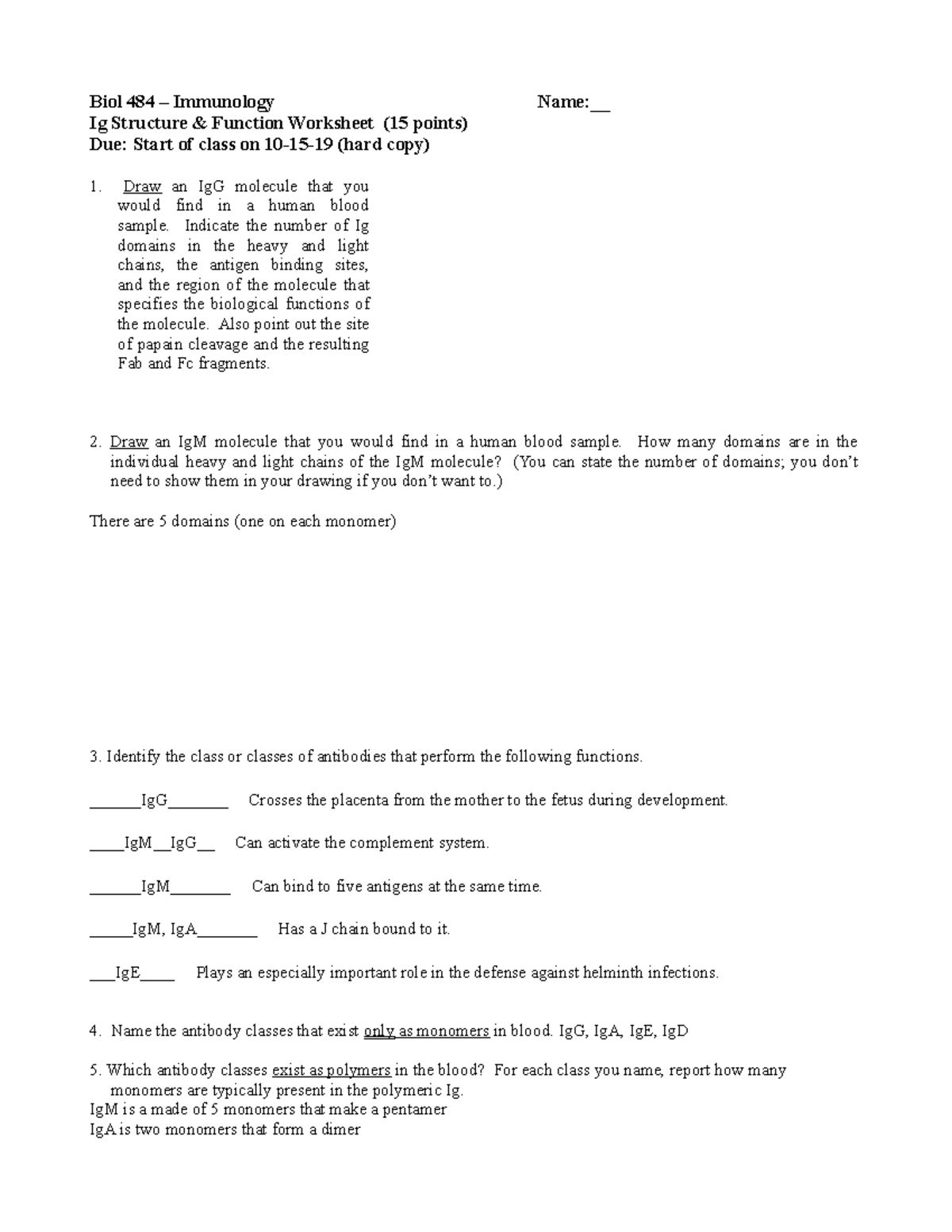 Ig Structure & Function 2019 - Biol 484 – Immunology Name:__ Ig ...