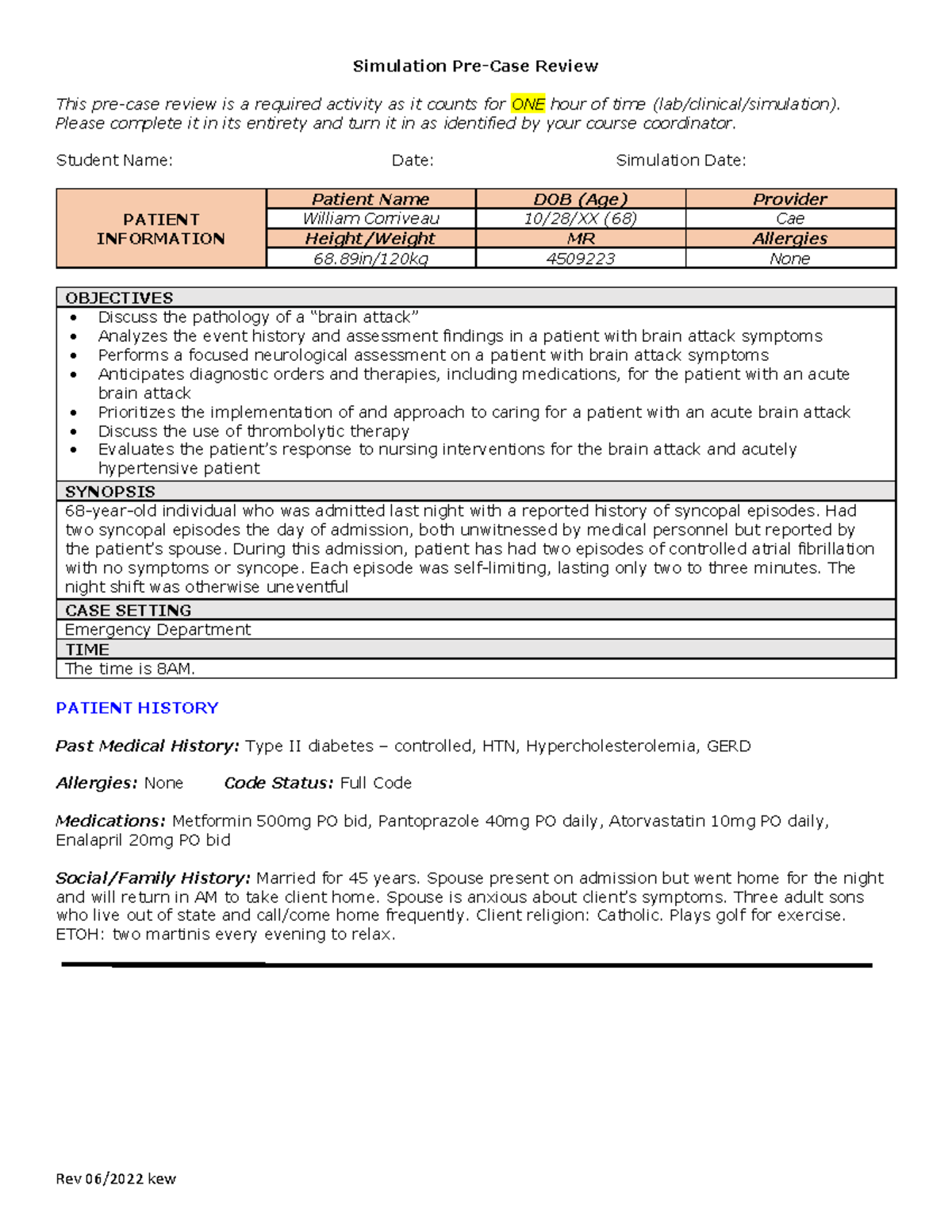 Sim precase Corriveau - Rev 06/2022 kew Simulation Pre-Case Review This ...