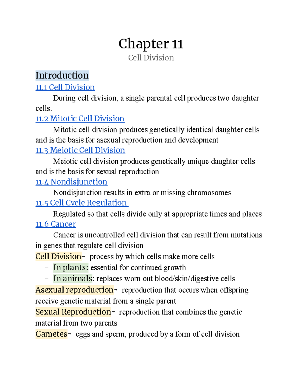Chapter 11; cell division - Chapter 11 Cell Division Introduction 11 ...