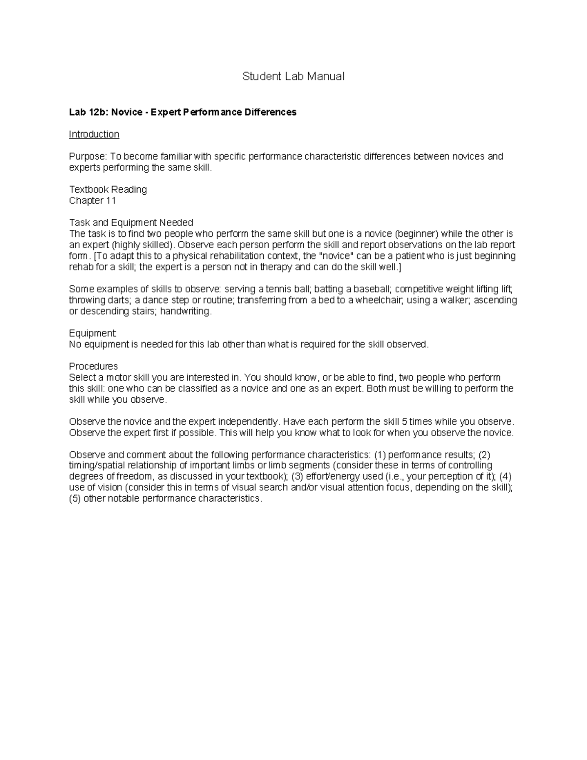 Lab Novice - Expert Performance Differences - Student Lab Manual Lab ...