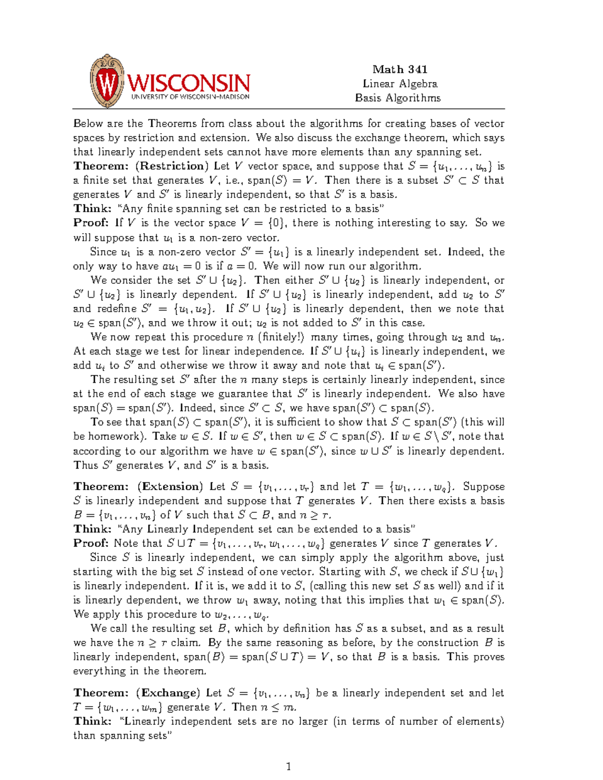Basis Algorithms for Math 341 - Math 341 Linear Algebra Basis ...