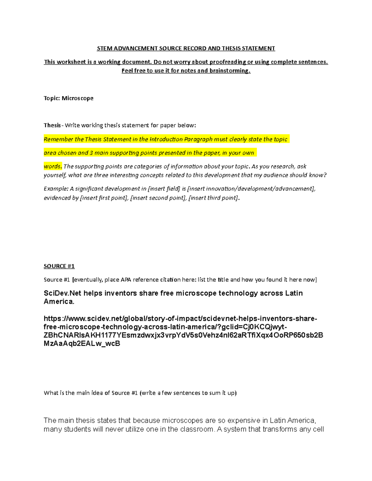 Eng 105 Stem Advn sources and thesis development worksheet - STEM ...