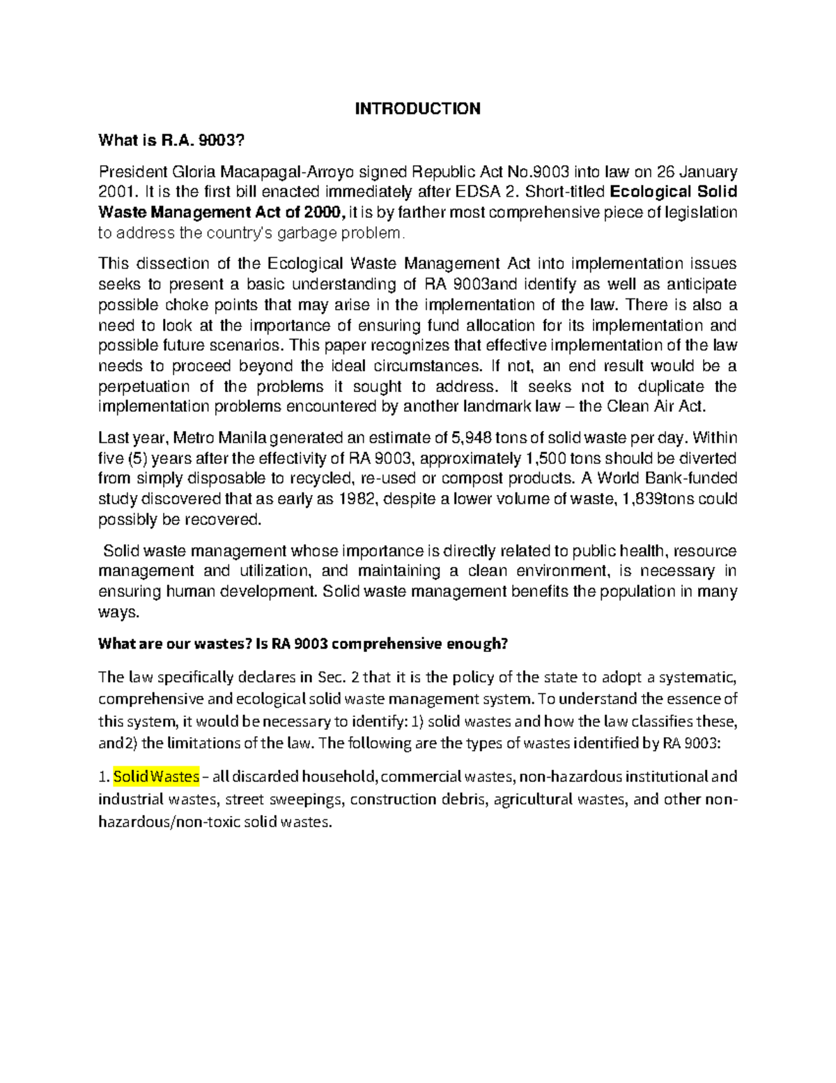 Group 2 RA 9003 - anananana - INTRODUCTION What is R. 9003? President ...