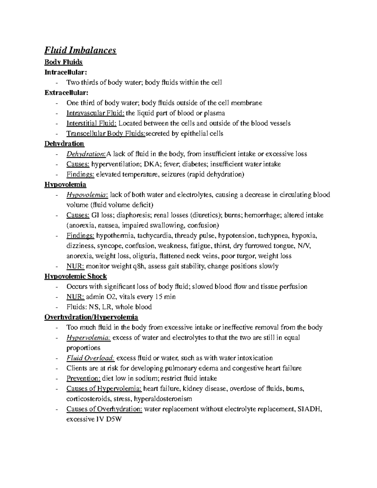 Med Surg Test 1 Fluid Electrolyte Study Guide - Fluid Imbalances Body ...
