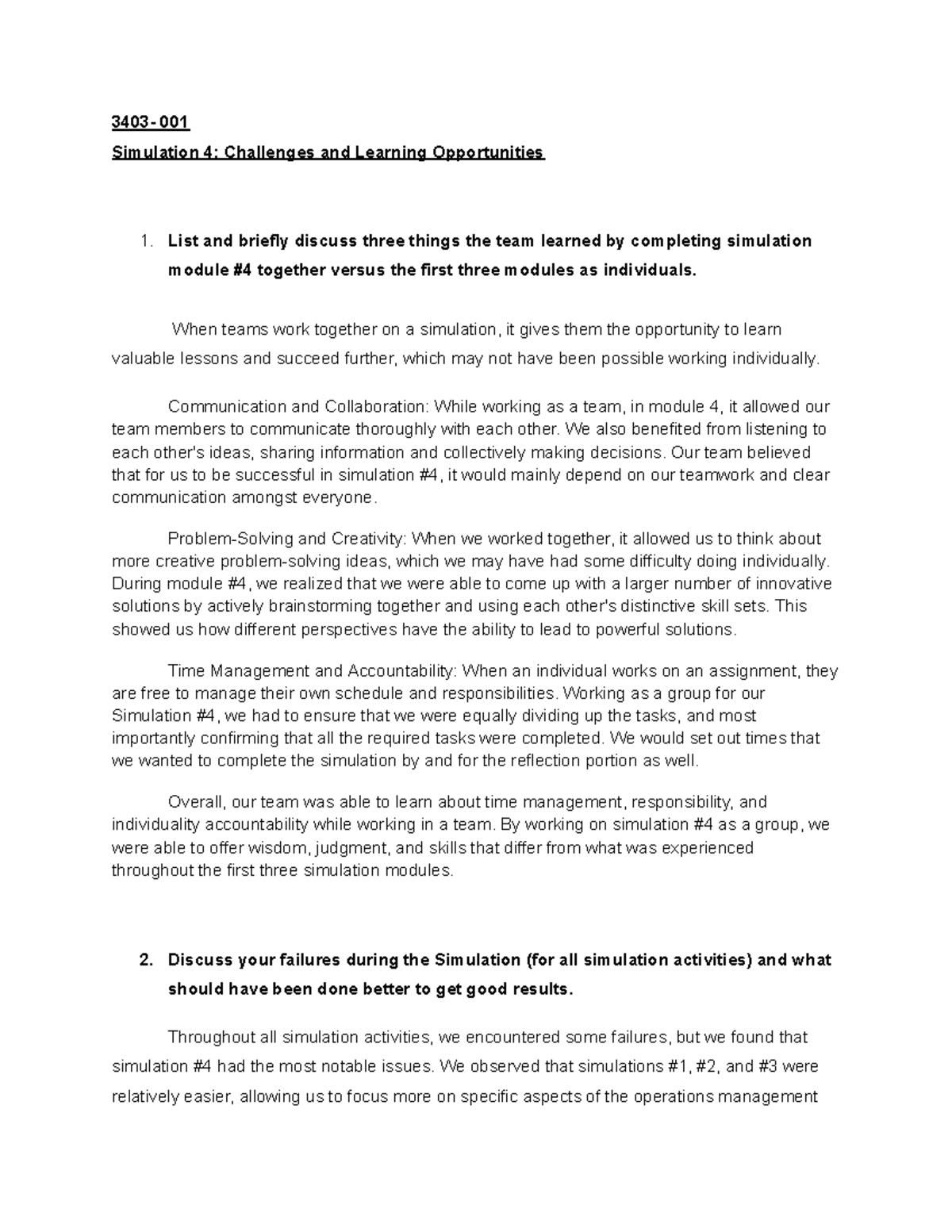 Lscm 3403 simulation 4 reflection - 3403- 001 Simulation 4: Challenges ...