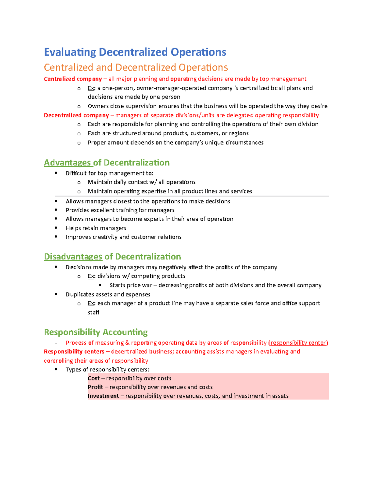ACCT chpt9 - Evaluating Decentralized Operations - Evaluating ...