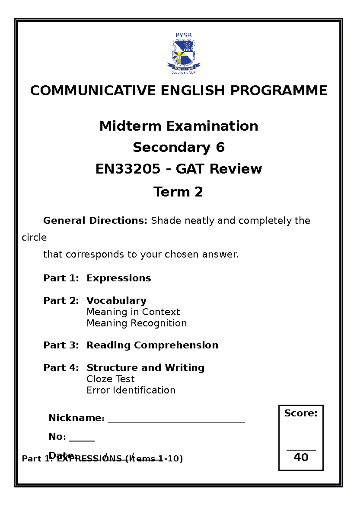 M6 GAT Review Midtern Test T2 - COMMUNICATIVE ENGLISH PROGRAMME Midterm ...