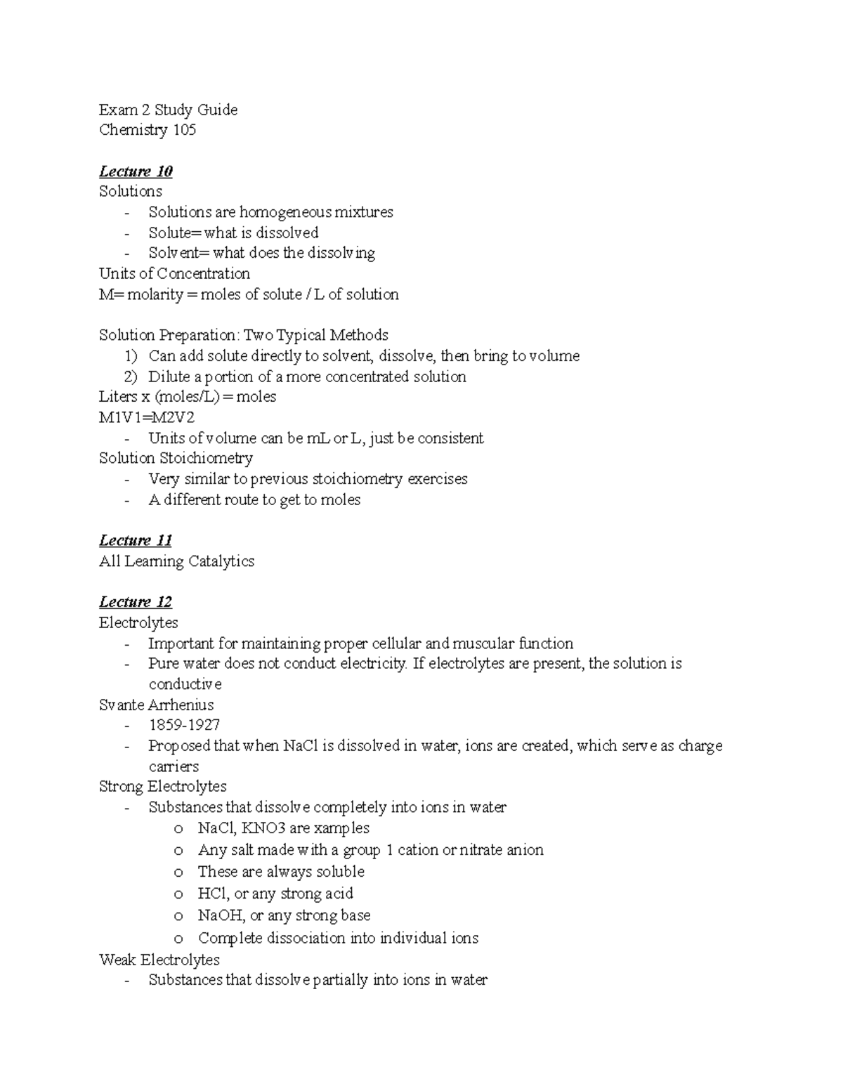 Week 6 - Lecture notes 6 - Exam 2 Study Guide Chemistry 105 Lecture 10 ...