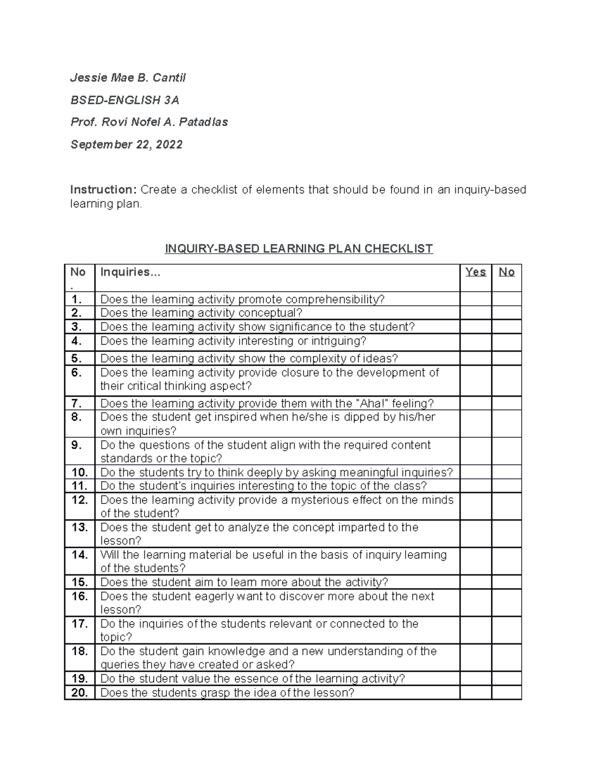 Checklist -ELE 141 - Open ended Questions - Jessie Mae B. Cantil BSED ...