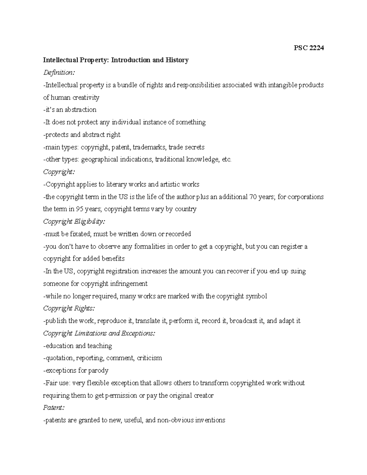 Intellectual Property Introduction and History - PSC 2224 Intellectual ...
