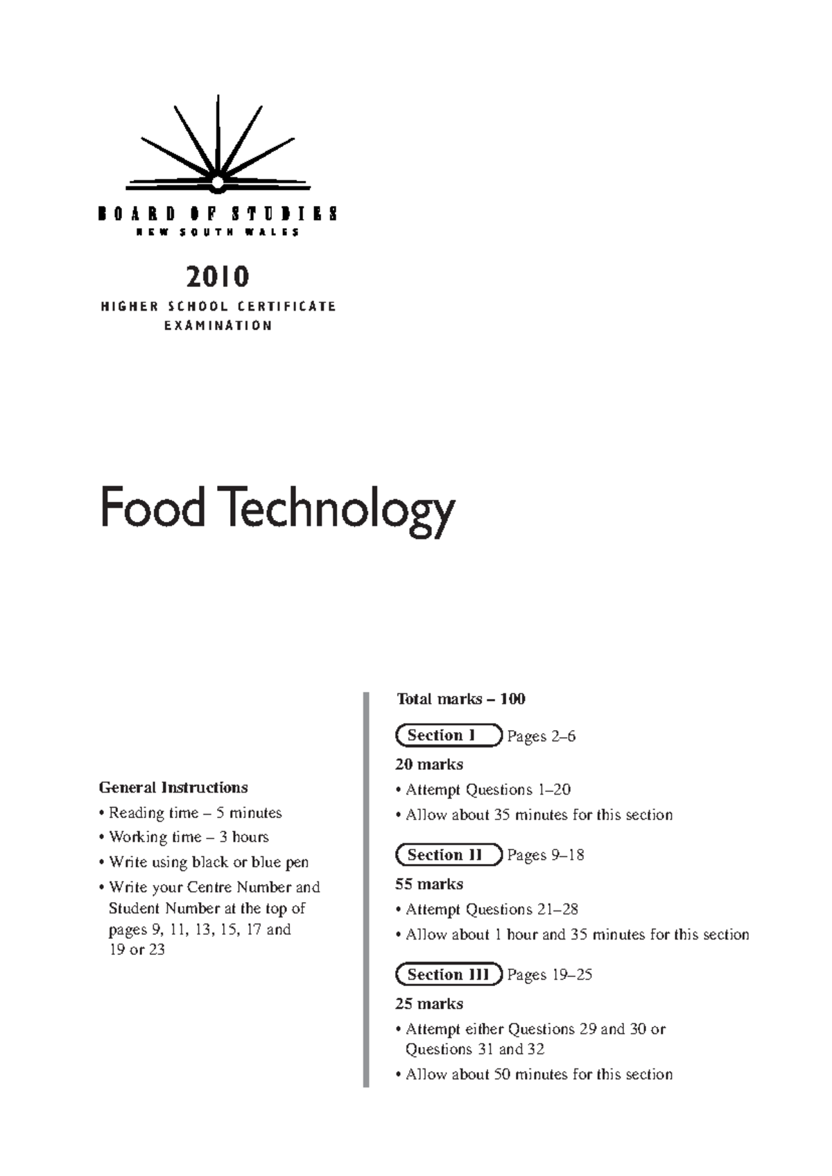 Food tech hsc exam 2010 - hsc exam - Food Technology Total marks – 100 ...