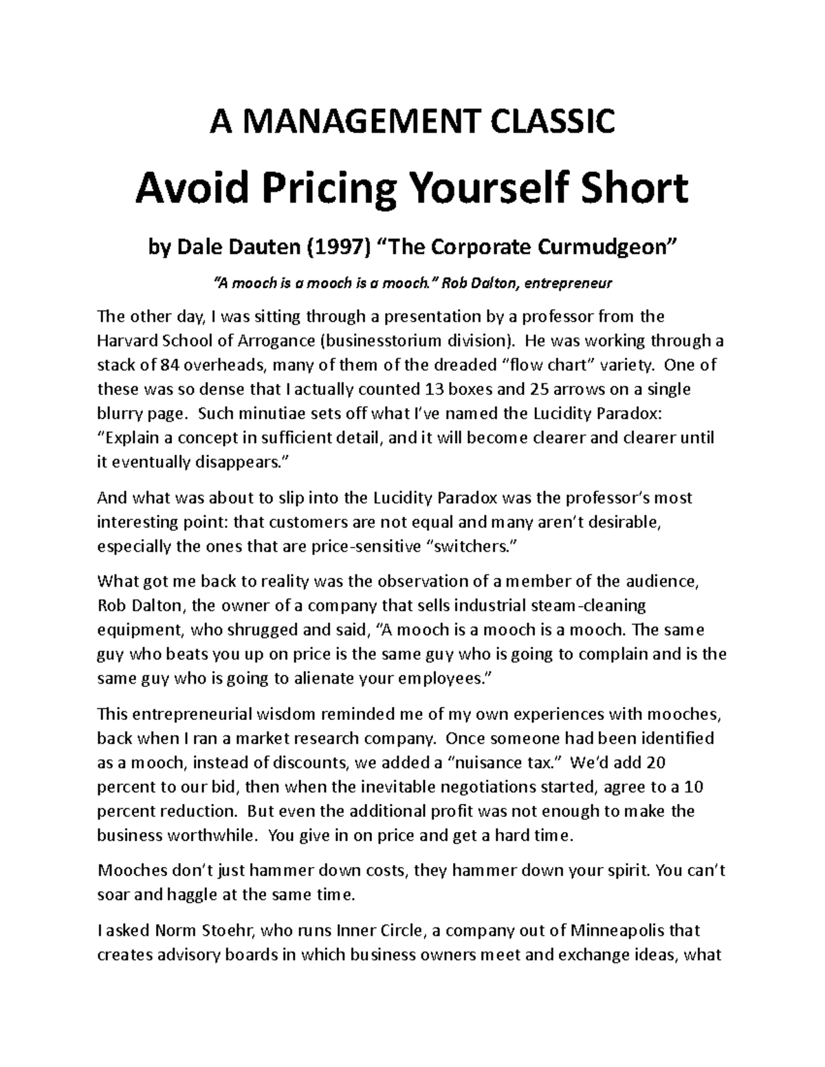 Avoid Pricing Yourself Short - A MANAGEMENT CLASSIC Avoid Pricing ...