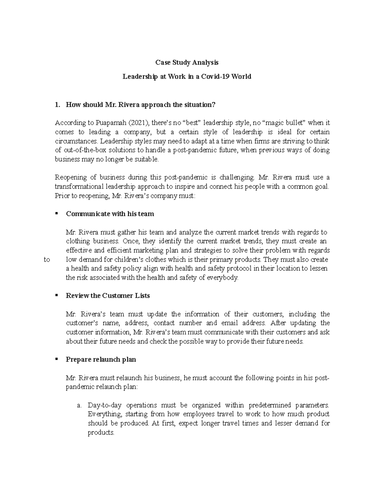 Case Study Analysis - Leadership at work in a covid-19 world - Case ...