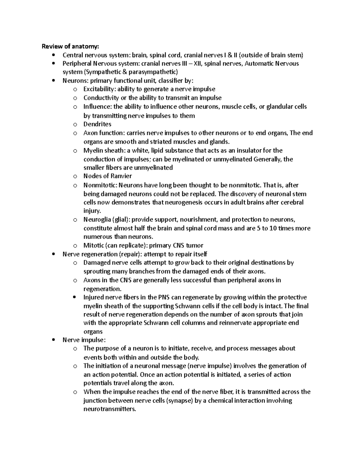 Unit 2 Test - Lecture Notes - Review of anatomy: Central nervous system ...