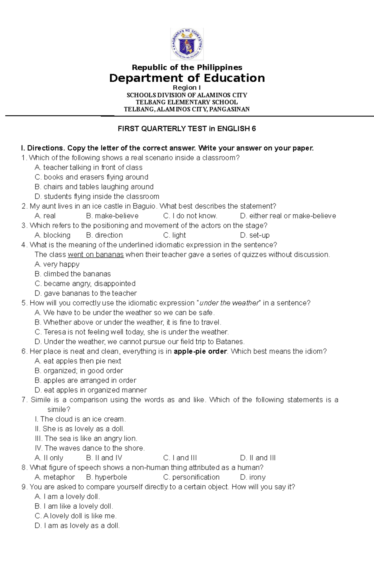 First quarterly test in English 6 2023 - Republic of the Philippines ...
