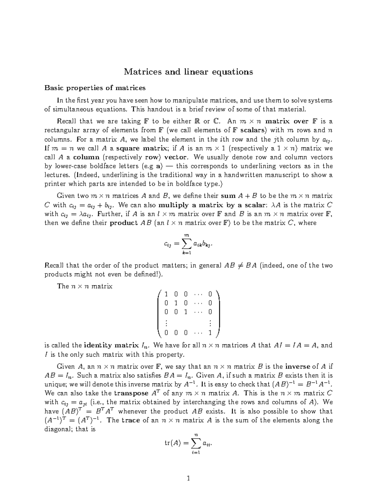 Matrices-review - summary of matrices - Matrices and linear equations ...
