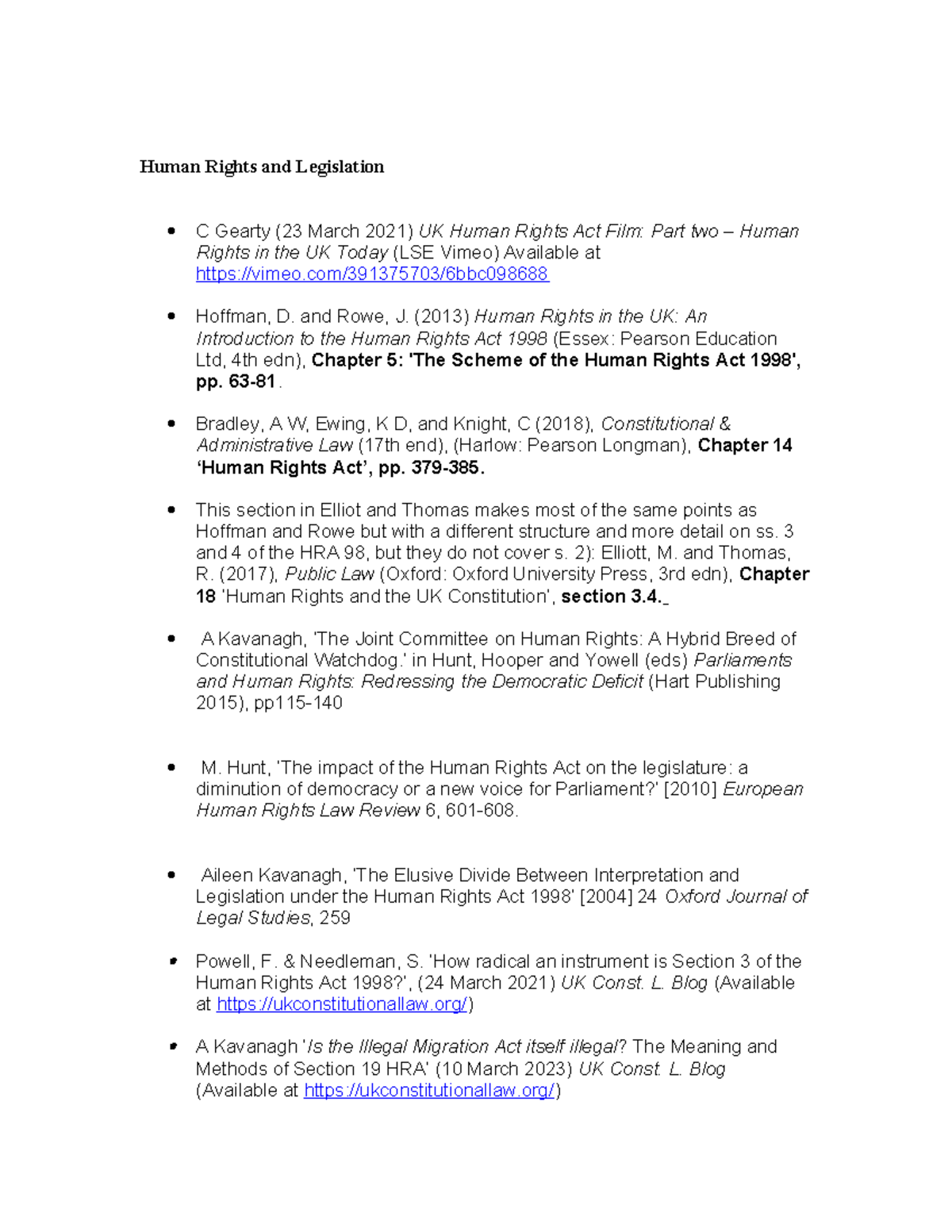 Human Rights Act and Legislation Reading - Human Rights and Legislation ...