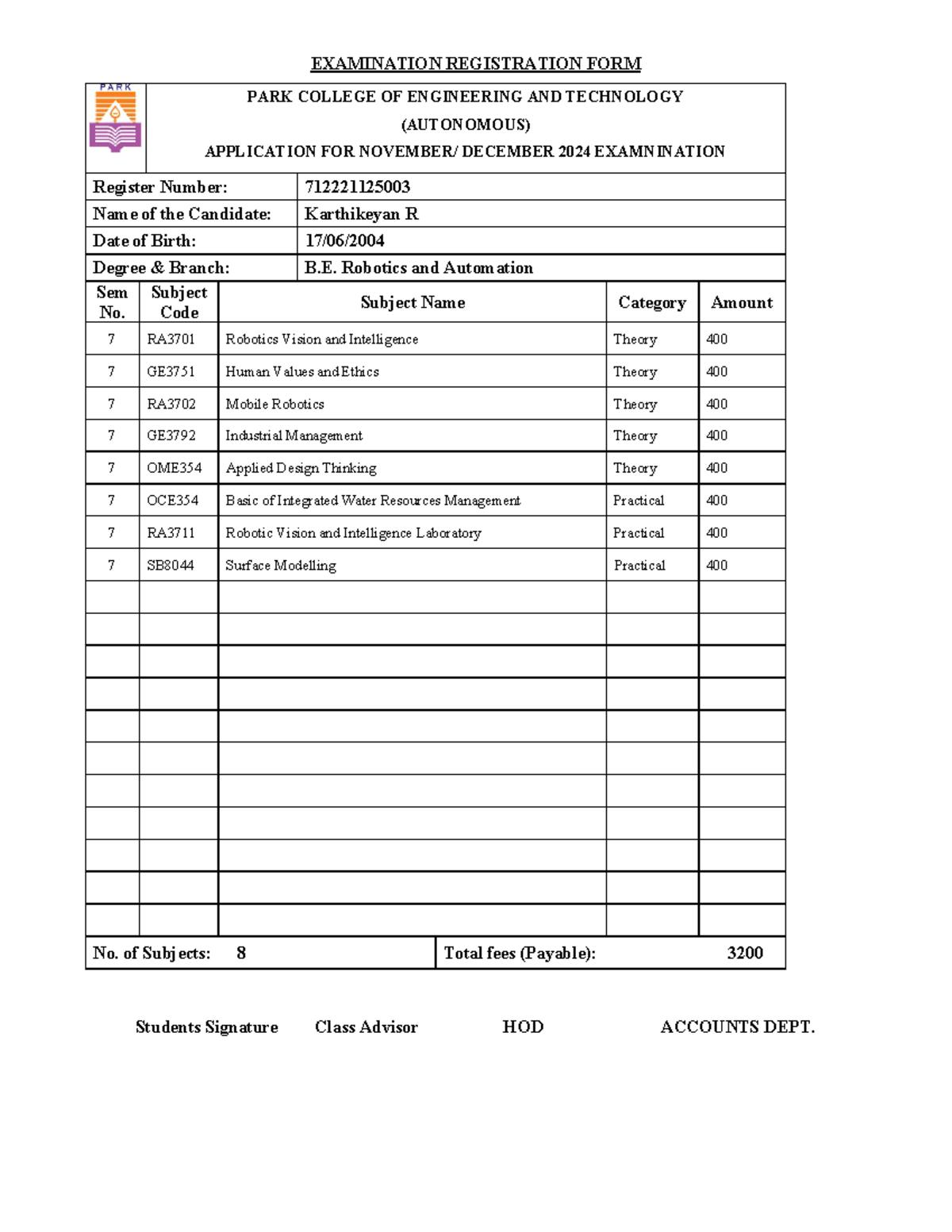 Karthikeyan 21RA003 - Reference - EXAMINATION REGISTRATION FORM PARK ...