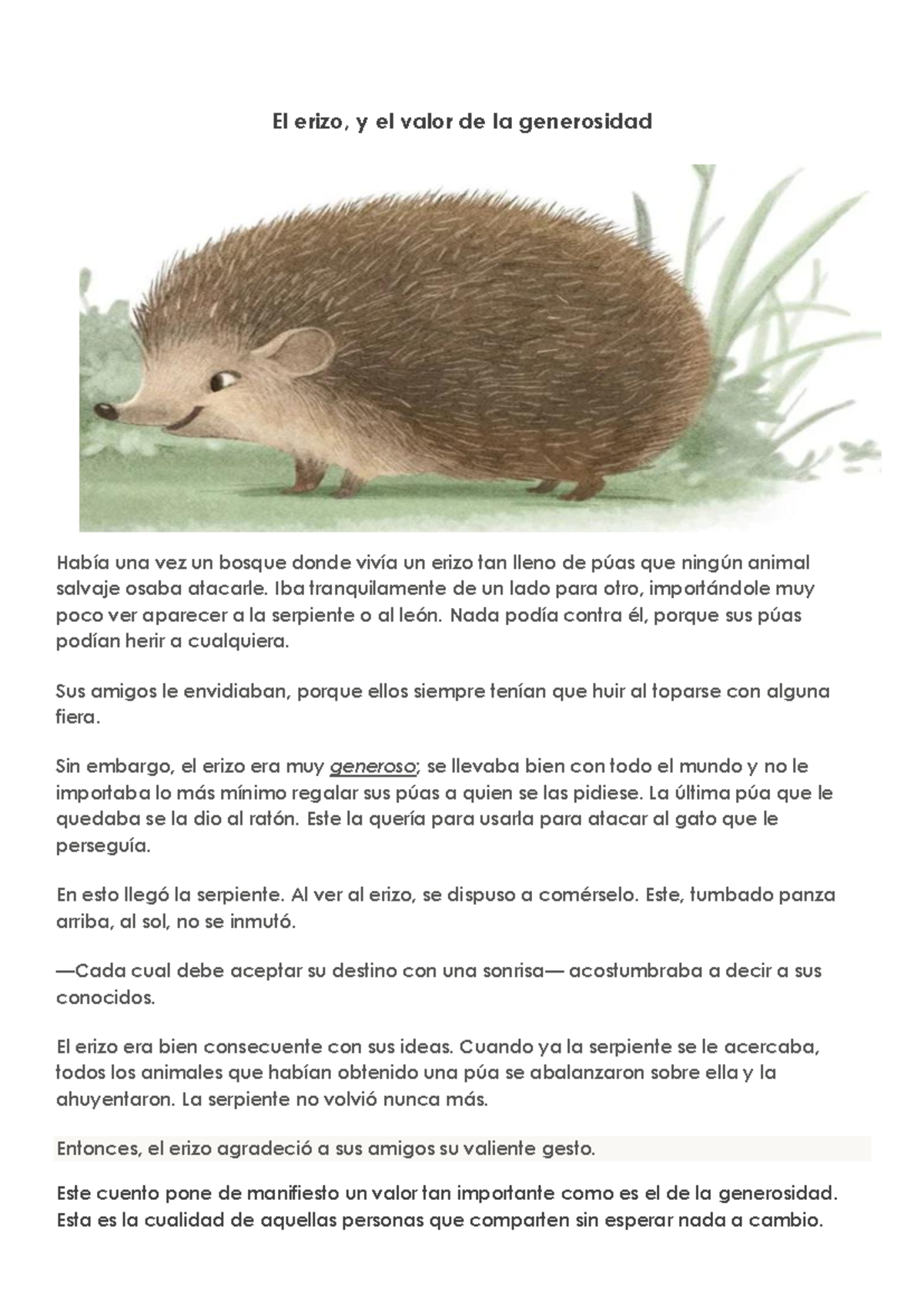 Lectura de Valor - CULTURA - El erizo, y el valor de la generosidad ...