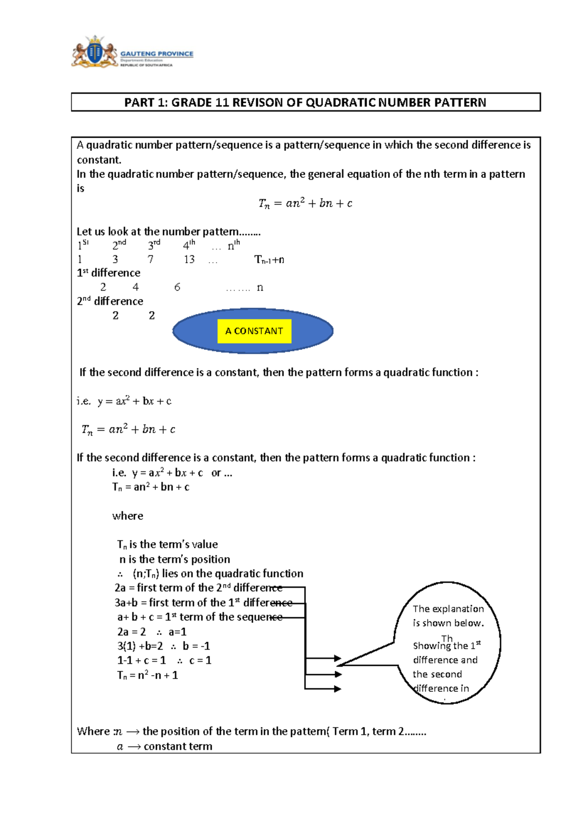 Mathematics Grade 12 Term1 Week 1 to 3 - PART 1: GRADE 11 REVISON OF QUADRATIC NUMBER PATTERN A ...