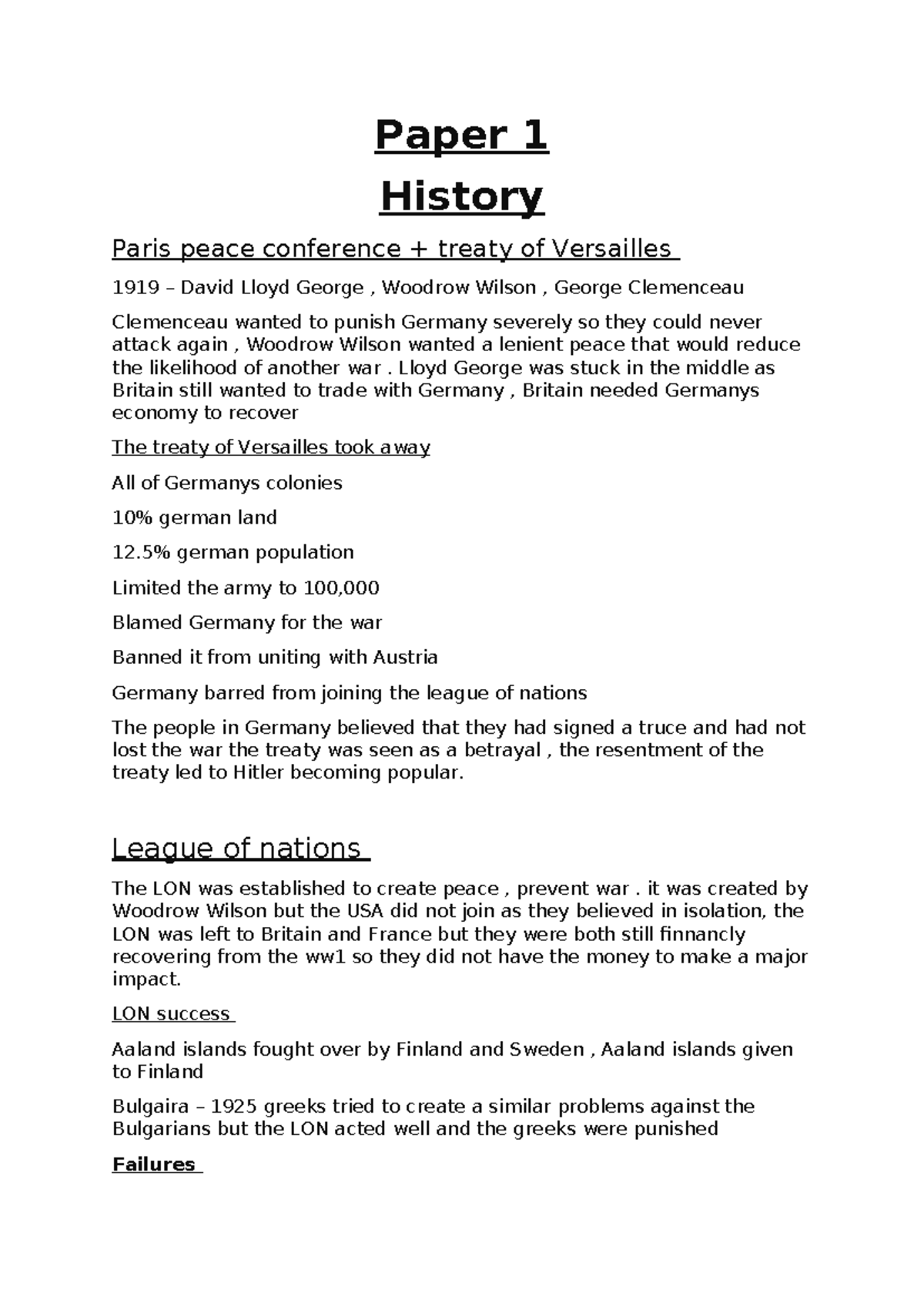 History copy - Paper 1 History Paris peace conference + treaty of ...