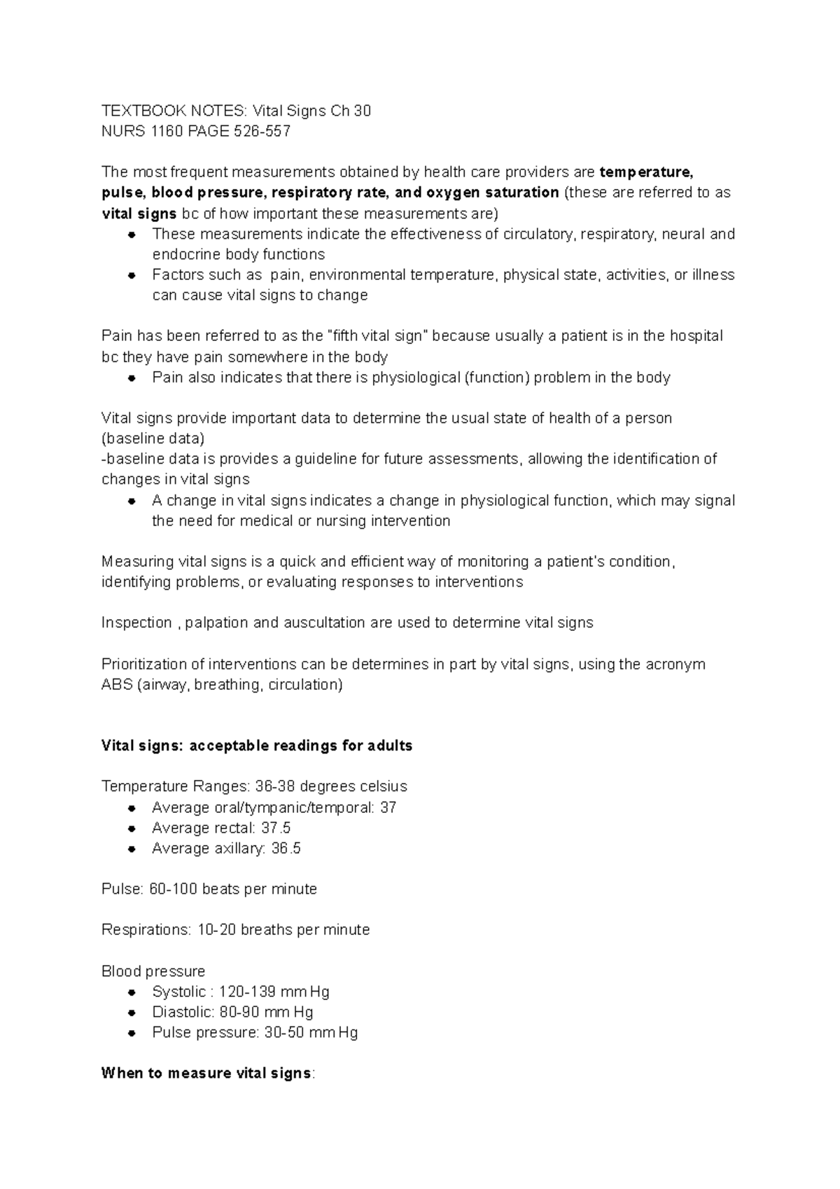 Textbook Notes Vital Signs Ch 30 - TEXTBOOK NOTES: Vital Signs Ch 30 ...