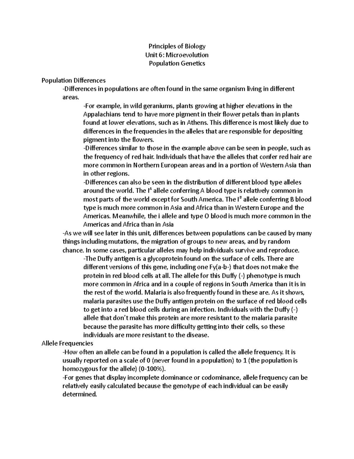 AP Bio Population Genetics - Principles of Biology Unit 6 ...