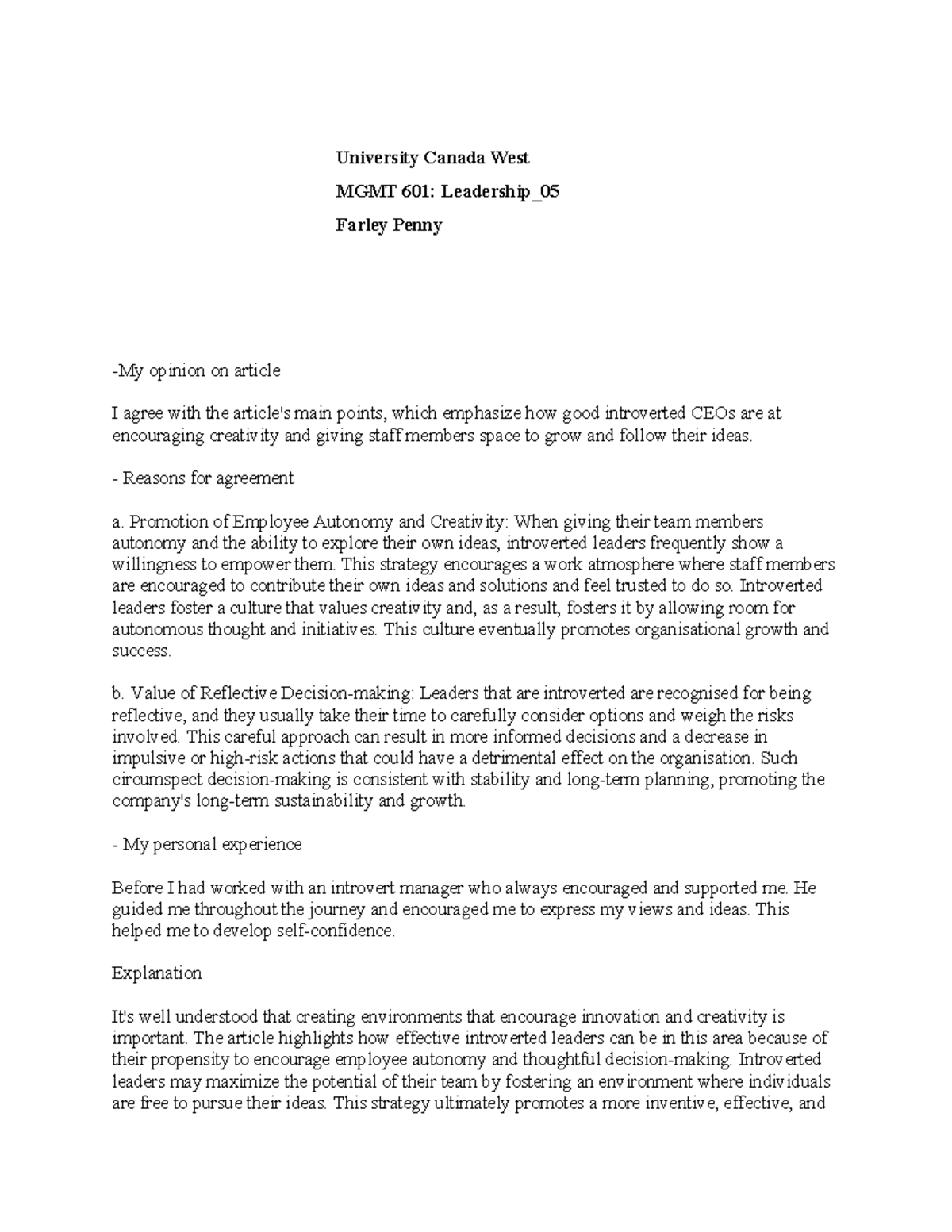 Week 1- Writing - Copy - Week 1 - University Canada West MGMT 601 ...