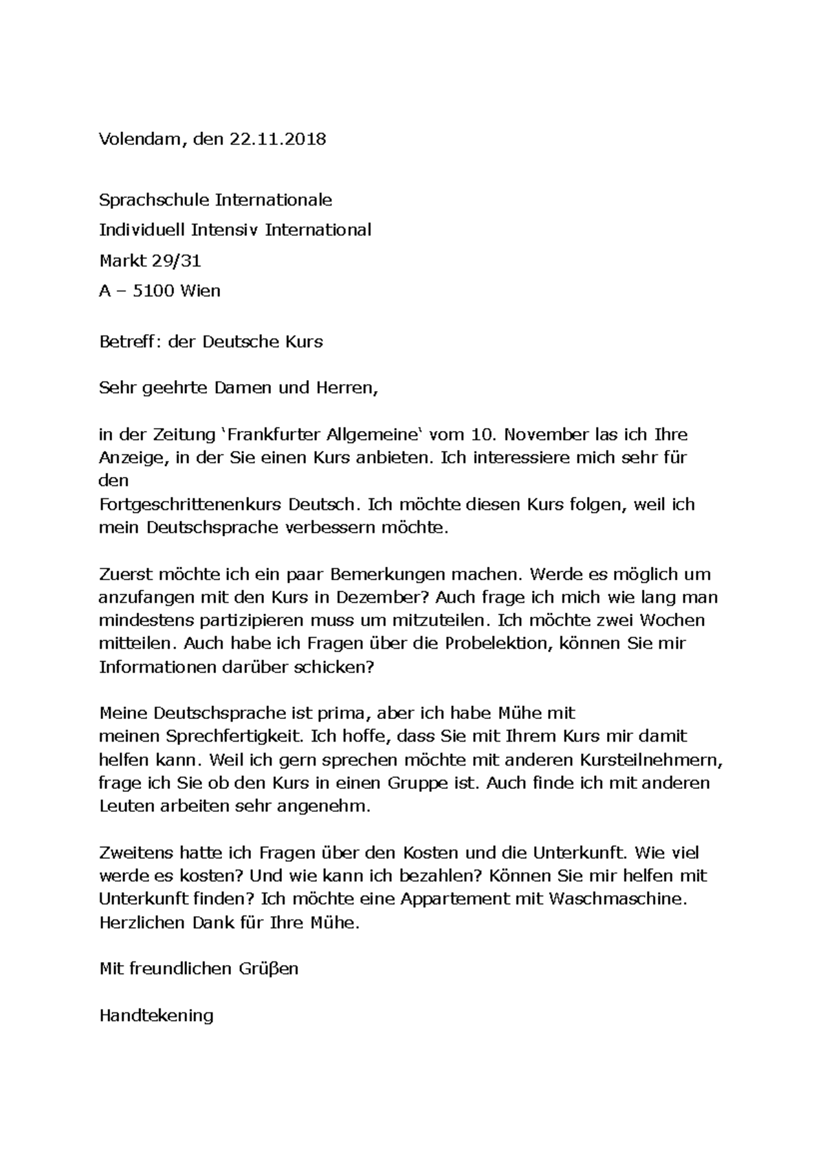 Duits kursus oefenbrief - Volendam, den 22.11 Sprachschule ...