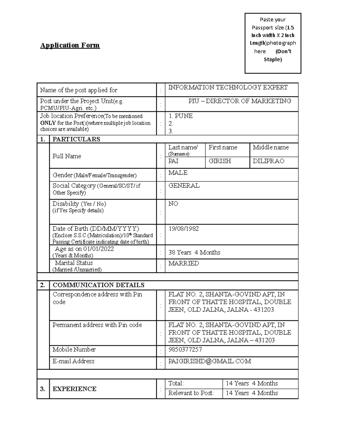 APPLICATION FORMAT - Application Form Name of the post applied for ...