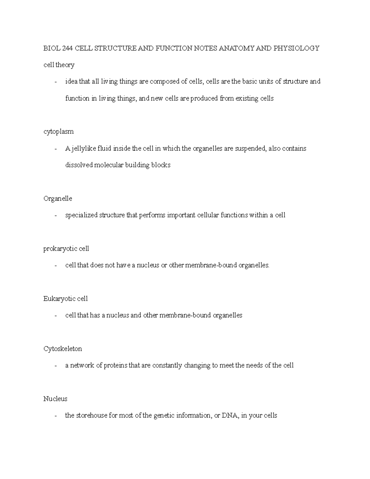 BIOL 244 CELL Structure AND Function Notes Anatomy AND Physiology ...