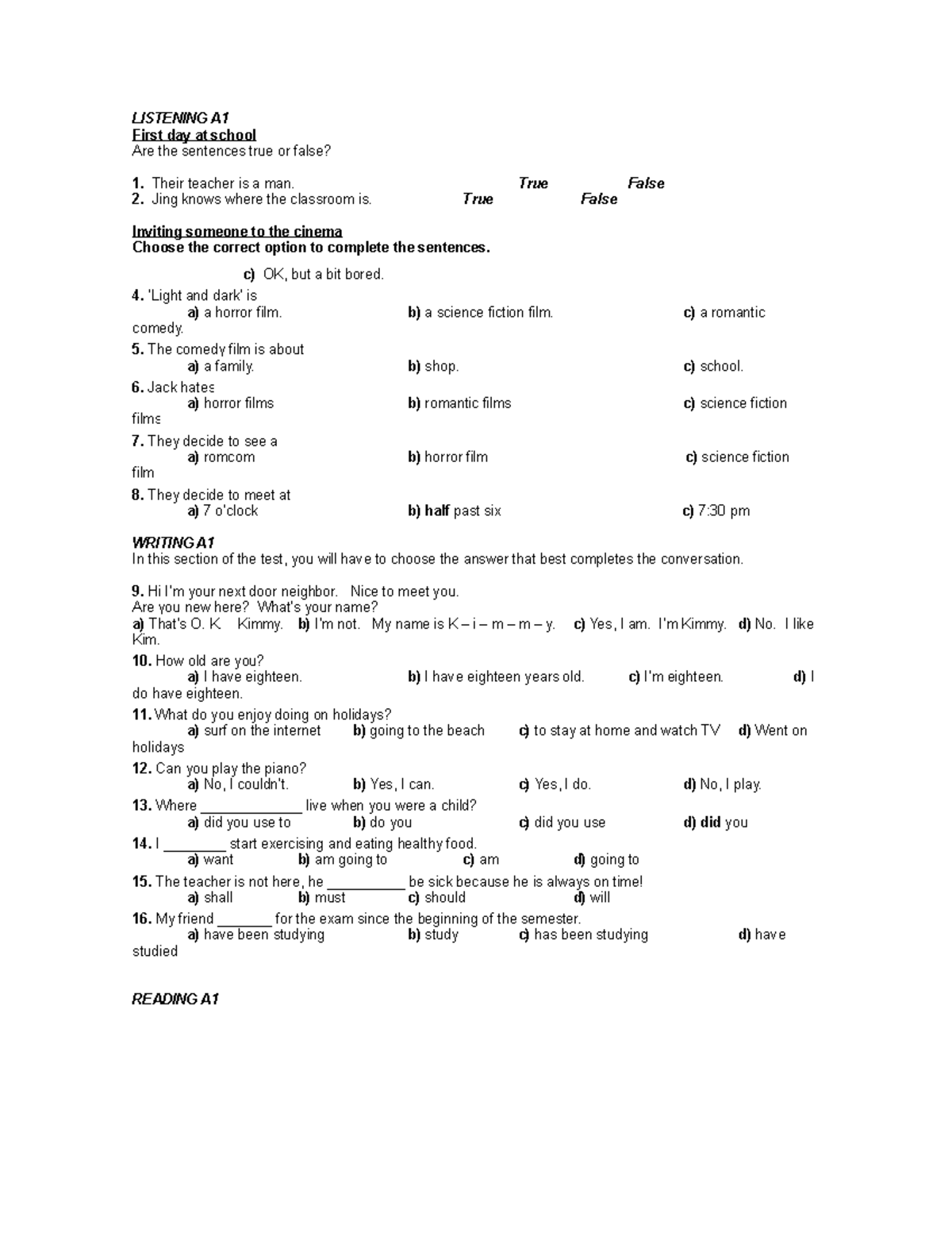 Mock exam - level - LISTENING A First day at school Are the sentences ...