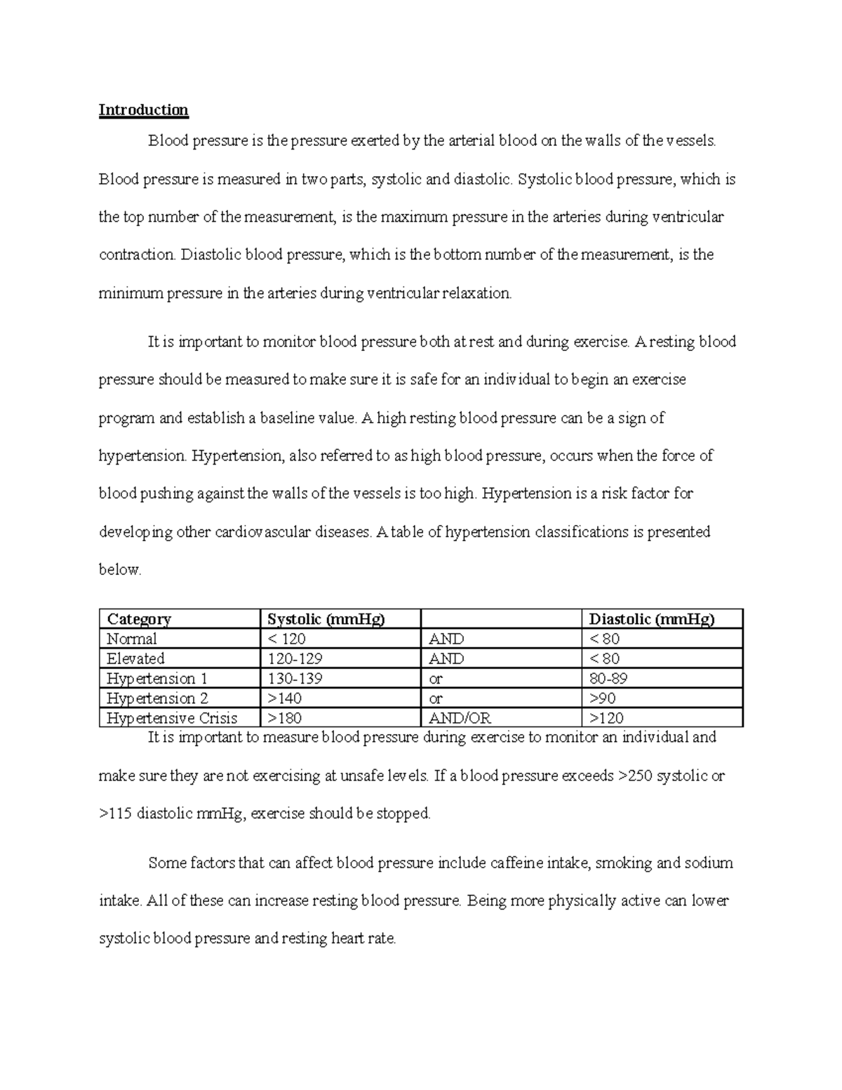 Blood Pressure Lab Report - Introduction Blood pressure is the pressure ...
