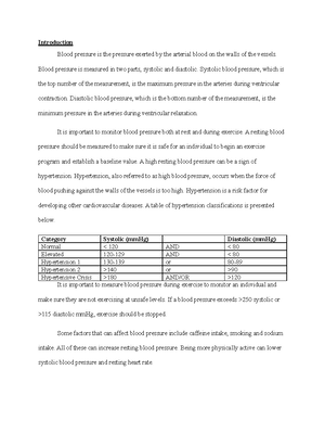 Blood Pressure Lab Report - Introduction Blood pressure is the pressure ...