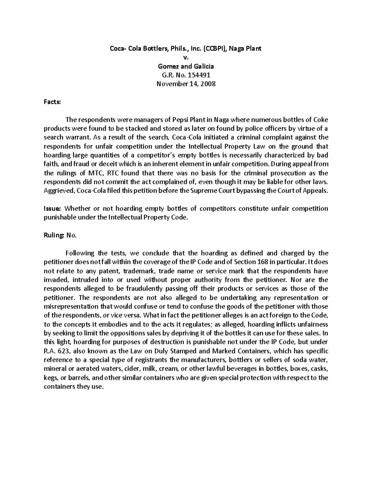 378791249 Coca Cola Bottlers Phils Inc Ccbpi Naga Plant v Gomez and ...