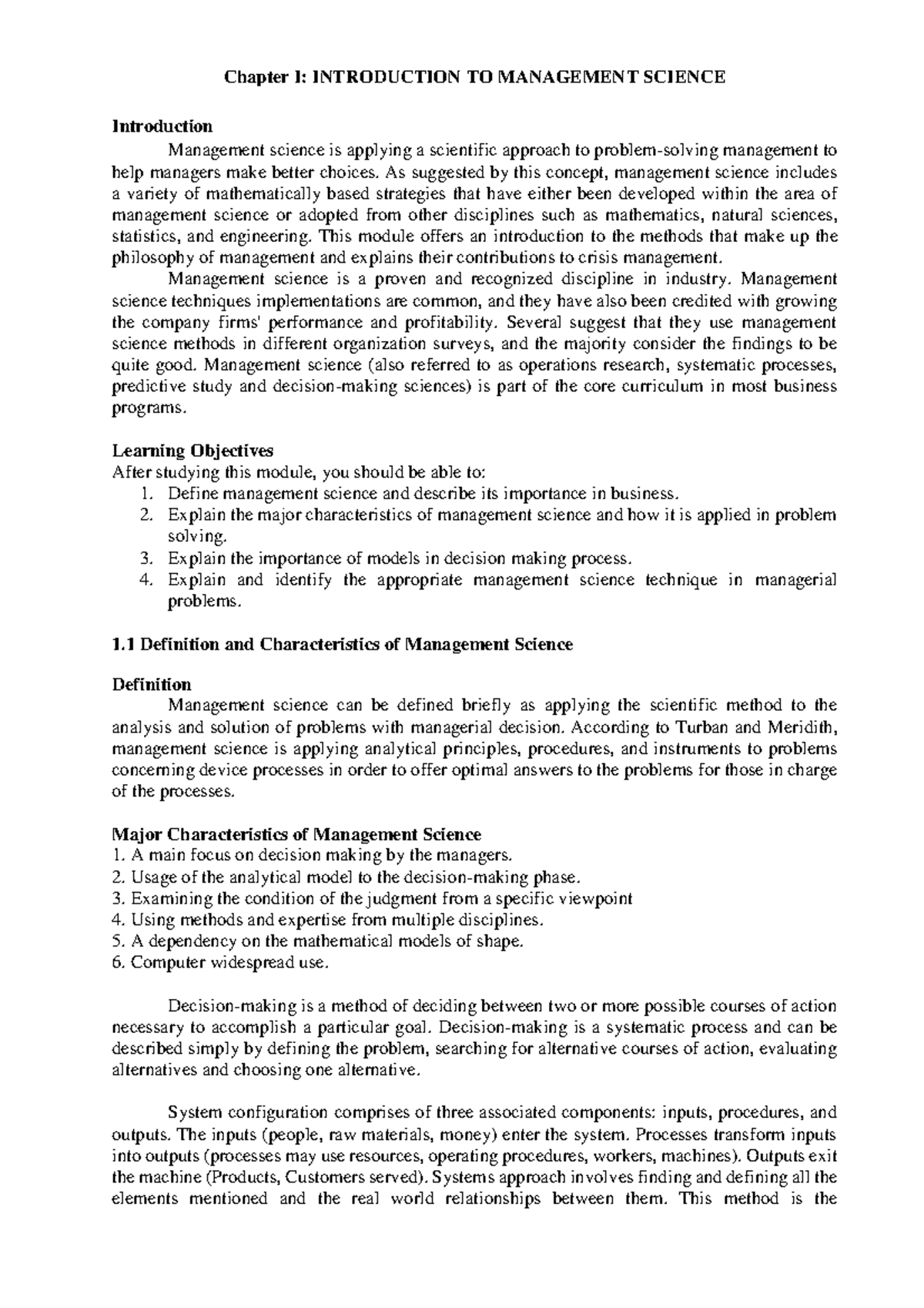 Management Science Module - Chapter I: INTRODUCTION TO MANAGEMENT ...