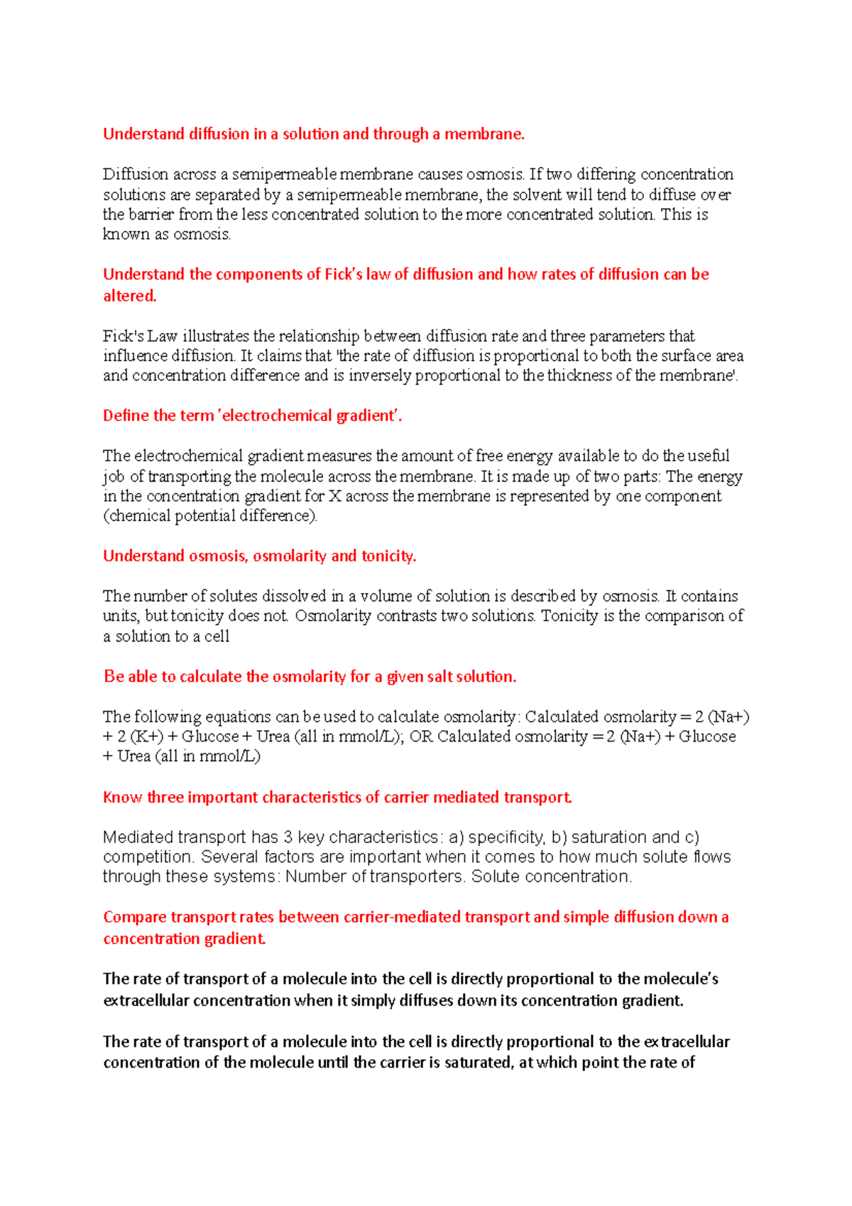 Learning outcomes membrane transport - Understand diffusion in a ...